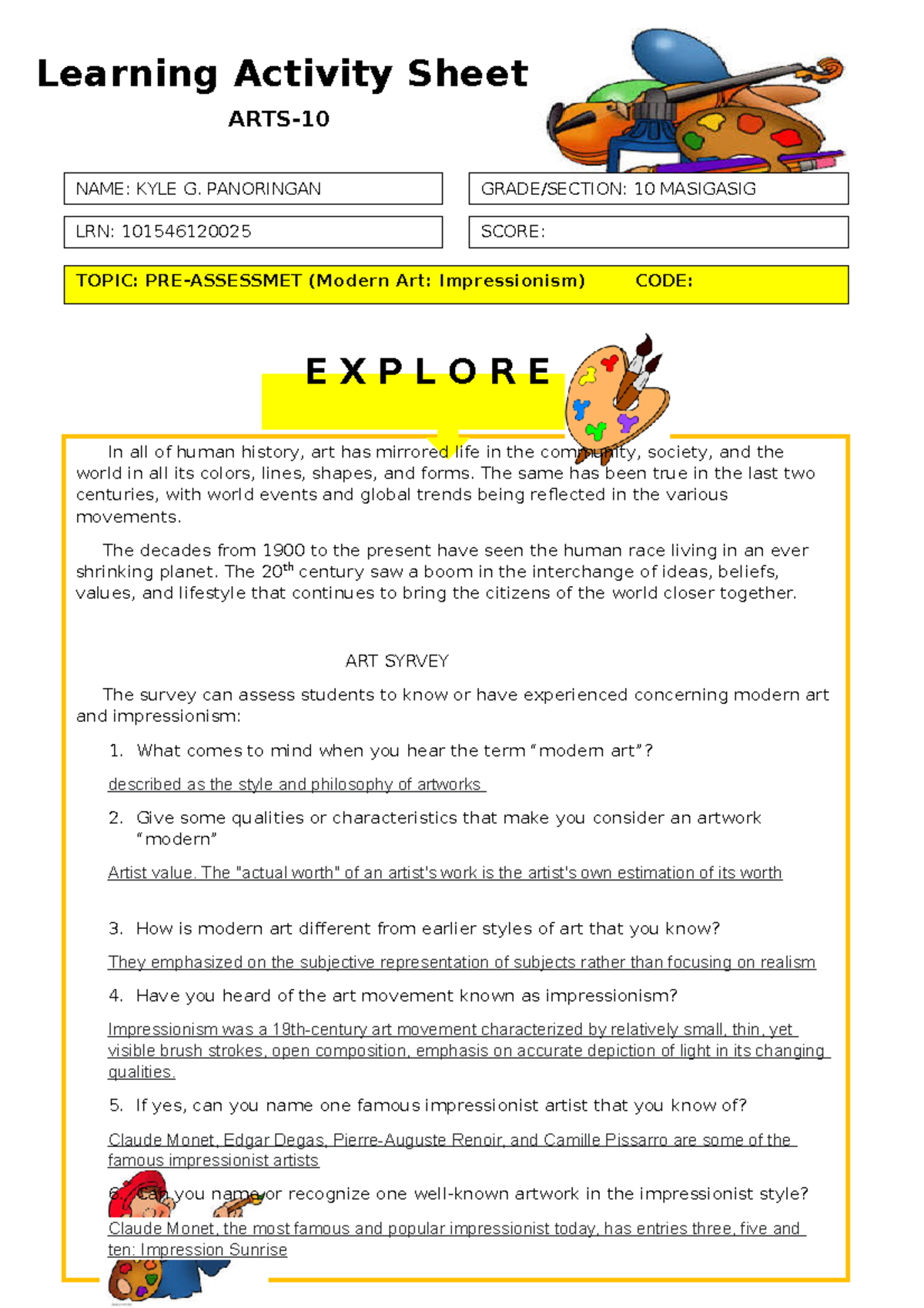 Modern-ART- Impressionsim-2 - Learning Activity Sheet ARTS- NAME: KYLE ...