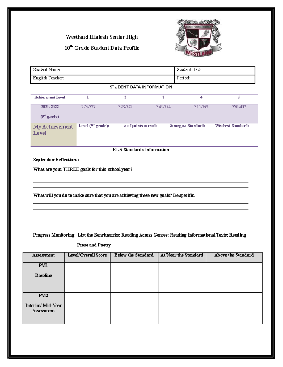 Data chat sheet Grade 10 2022-2023 - Westland Hialeah Senior High 10 th ...