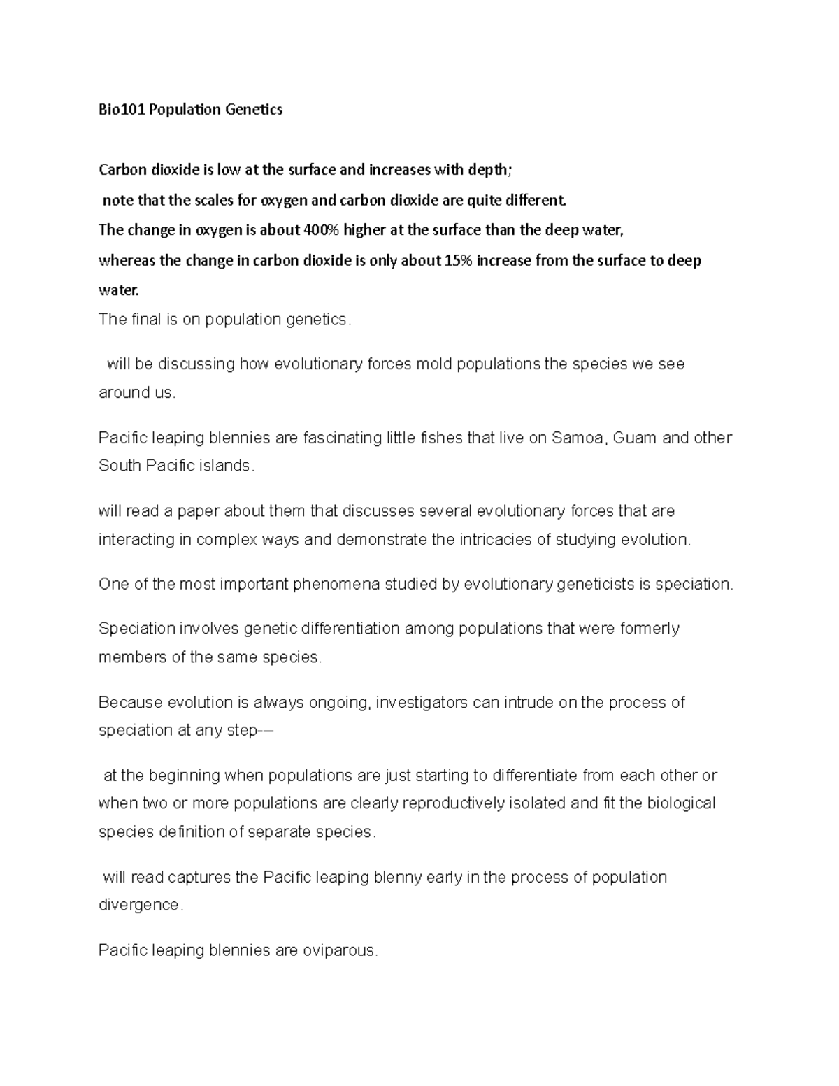 Bio101 Population Genetics - Bio101 Population Genetics Carbon dioxide is low at the surface and ...