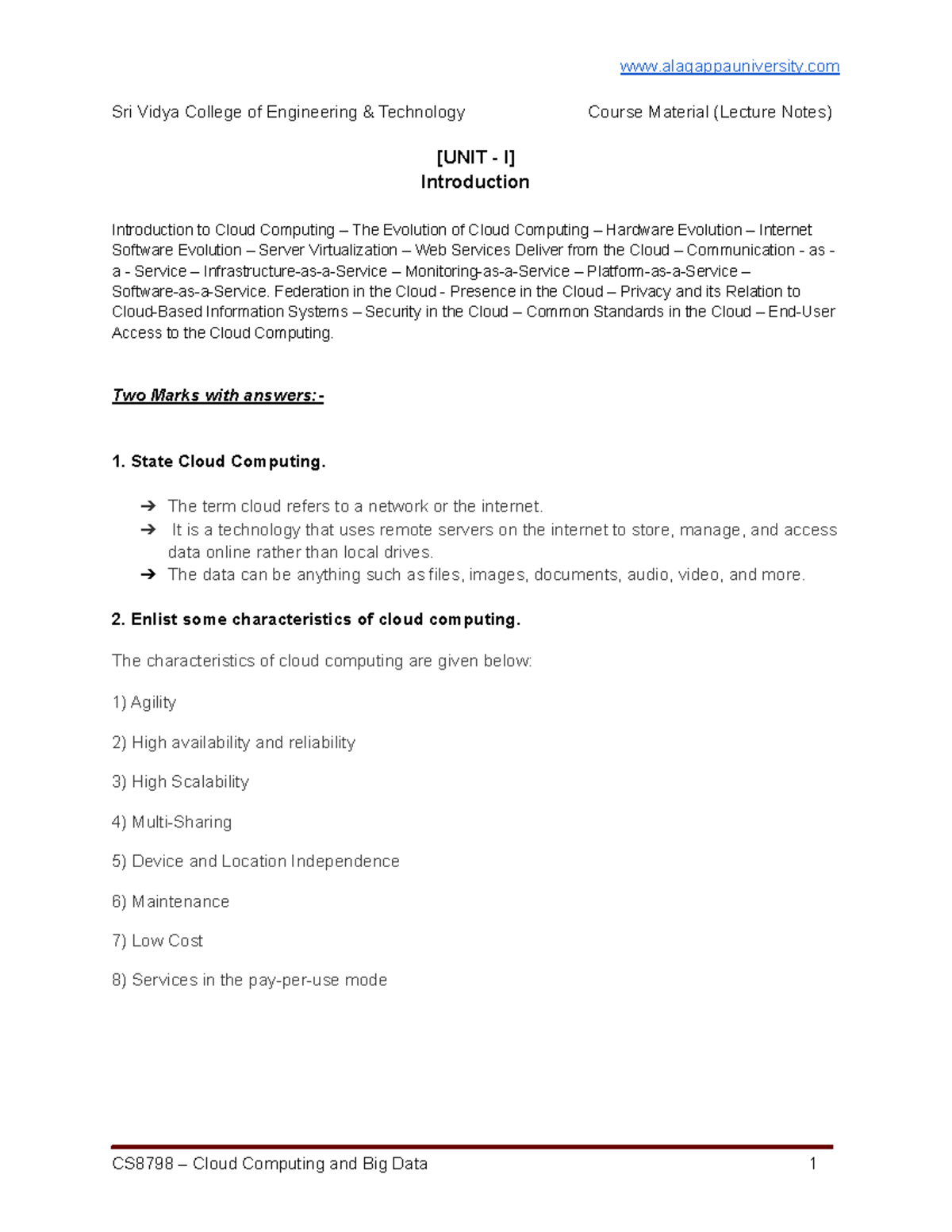 Ccbd Unit 1 Cloud Computing Lecture Notes Sri Vidya College Of Engineering And Technology