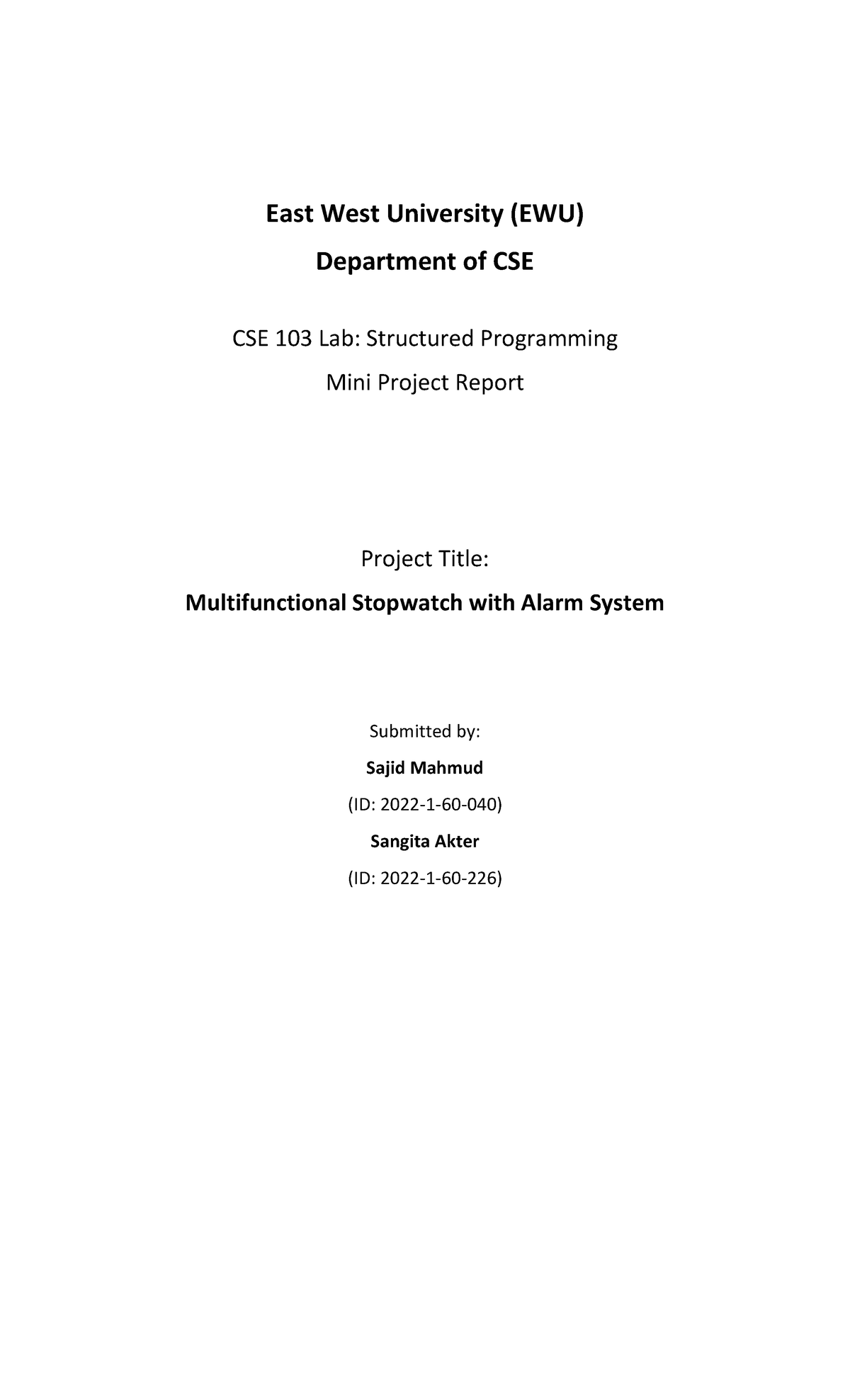 CSE Mini Project - East West University (EWU) Department of CSE CSE 103 Lab: Structured ...