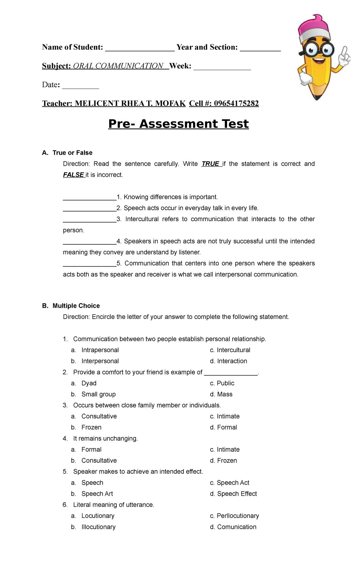 Pre-test lesson 3 - PRE-TEST - Name of Student: _________________ Year ...