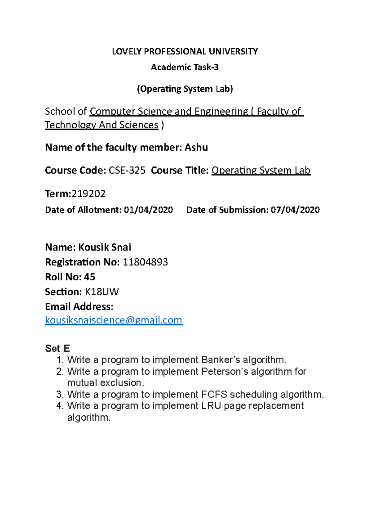 11804893 OS Lab Assignment - LOVELY PROFESSIONAL UNIVERSITY Academic ...