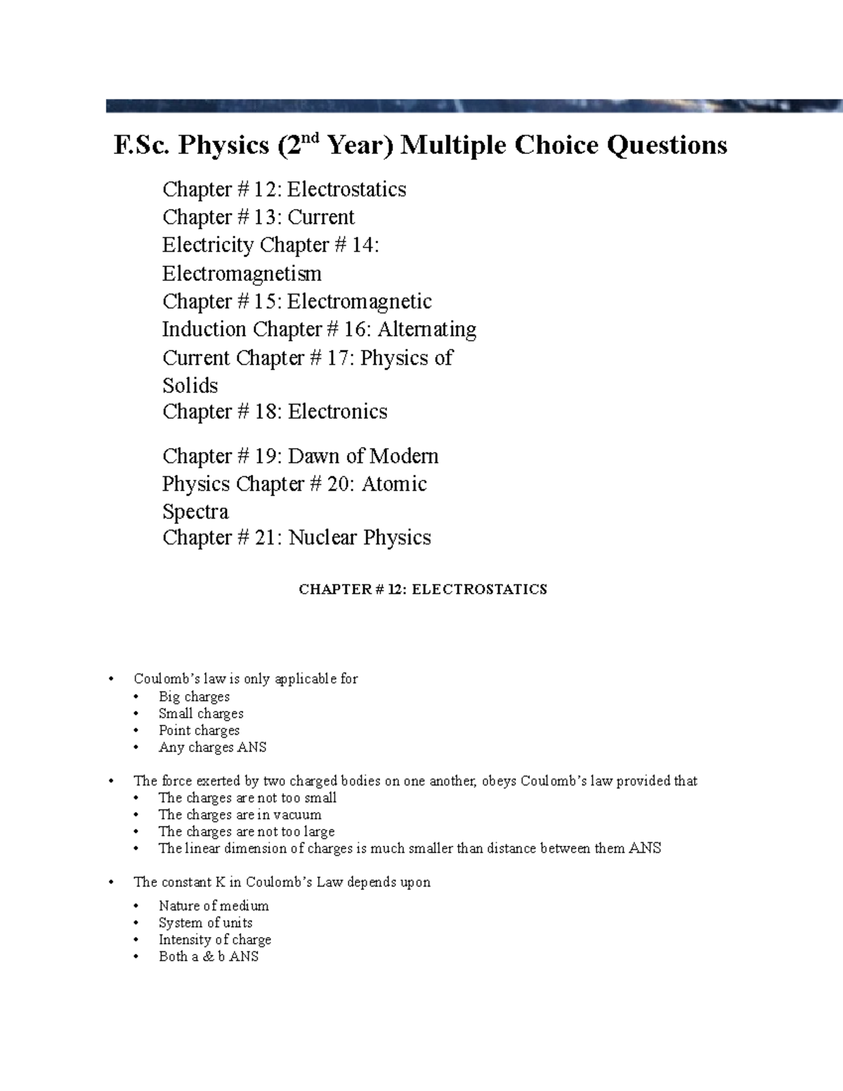 12th Physics Full Book MCQs (educatedzone - F. Physics ( nd Year ...