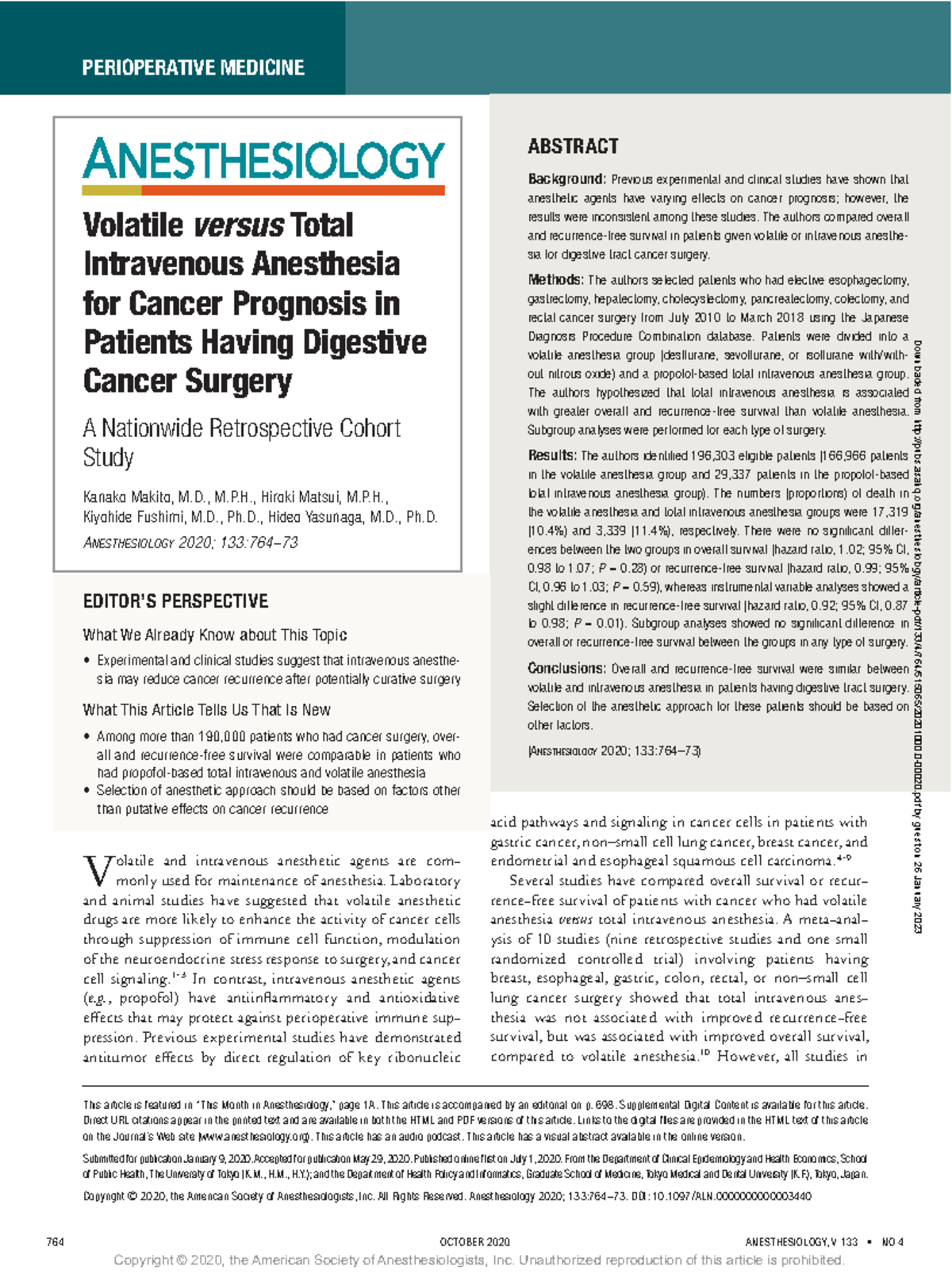 Volatile versus Total Intravenous Anesthesia for Cancer Prognosis in ...