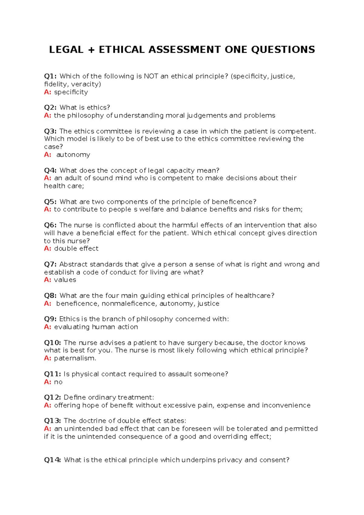 Legal + Ethical - Assessment 1 Questions - LEGAL + ETHICAL ASSESSMENT ...