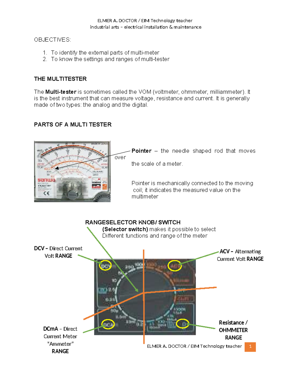 THE Multitester - ELMER A. DOCTOR / EIM Technology teacher industrial ...