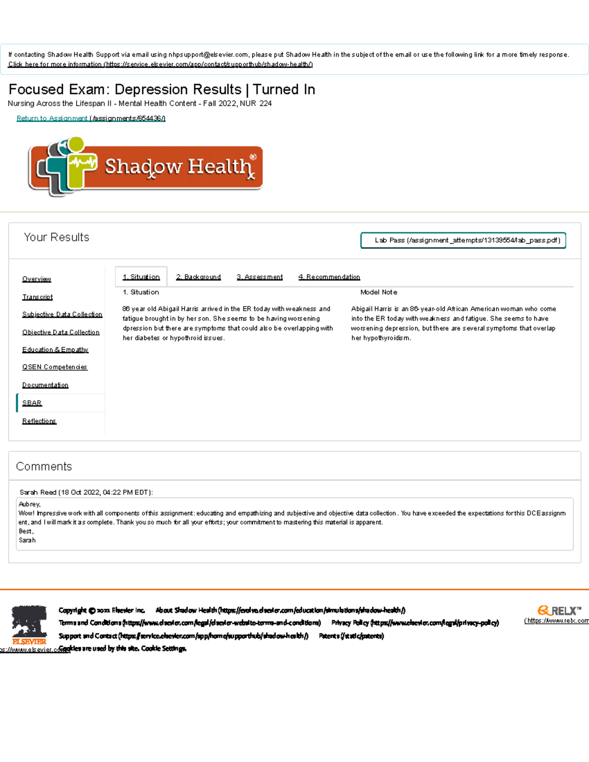 Shadow Health: Depression S in SBAR - Focused Exam: Depression Results ...