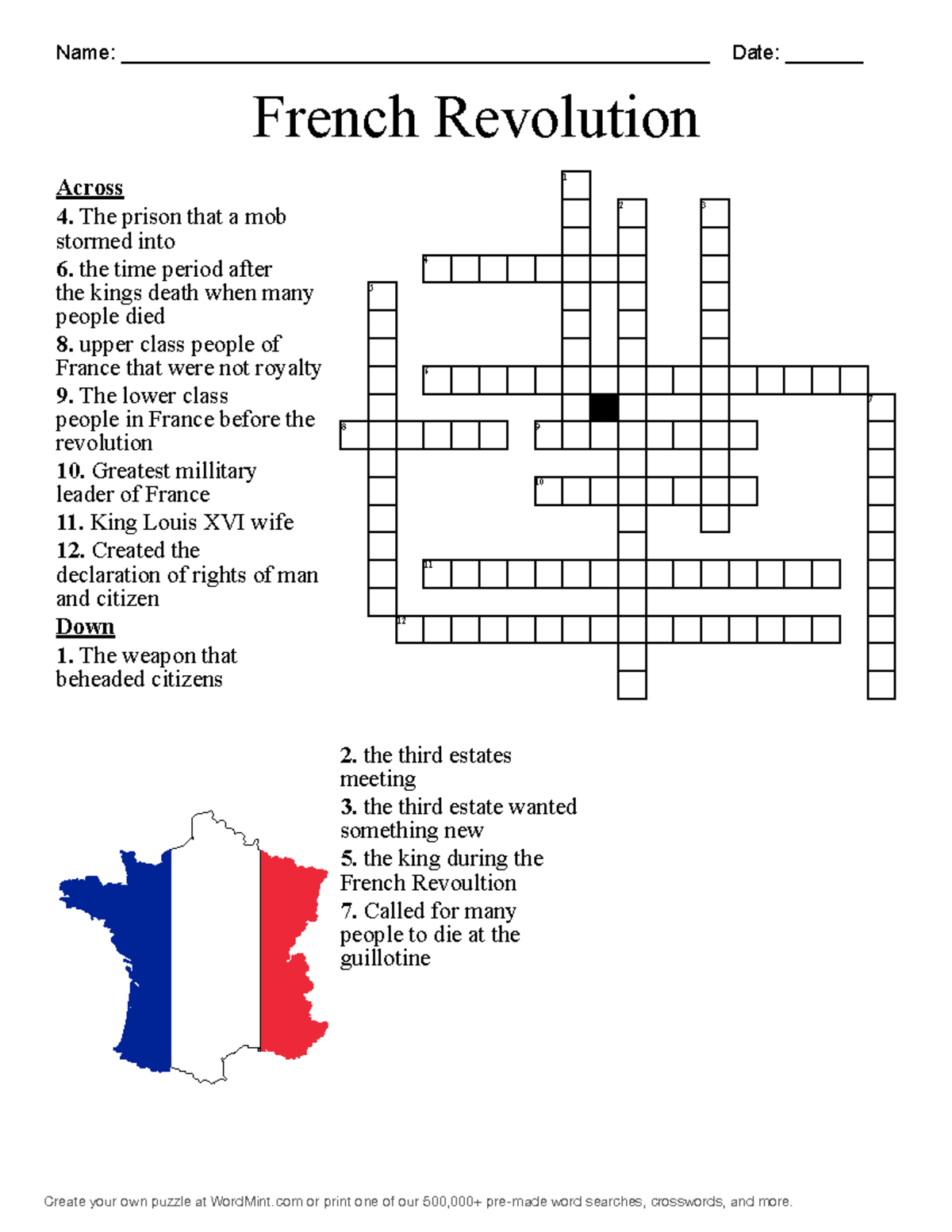 Topic 6 Lesson 6 7 French Revolution Crossword - Create your own puzzle ...