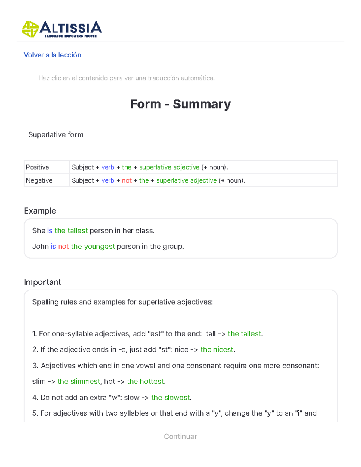 Form - Summary suprlative - Volver a la lección Haz clic en el ...
