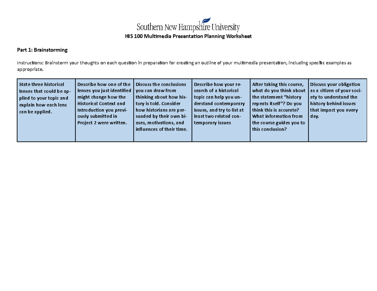 HIS 100 Multimedia Presentation Planning Worksheet - State three ...
