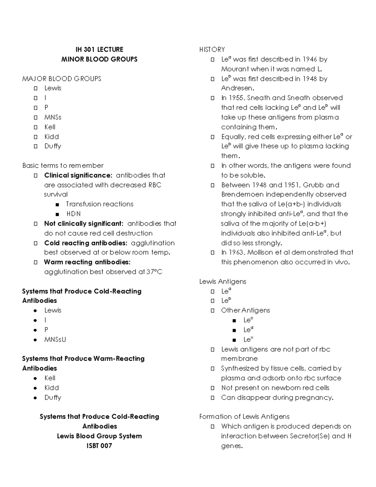 IH 301 LEC notes on Minor Grps - IH 301 LECTURE MINOR BLOOD GROUPS ...