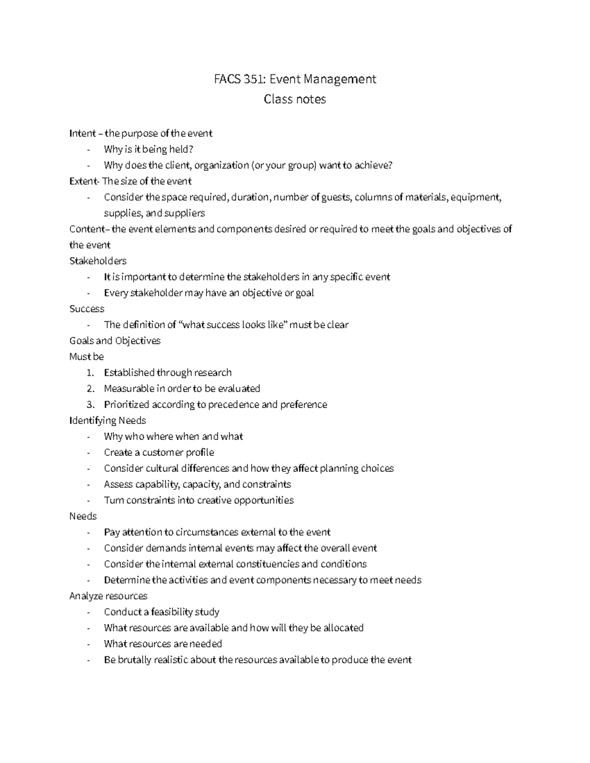 FACS 351 Event Management - FACS 351: Event Management Class notes ...