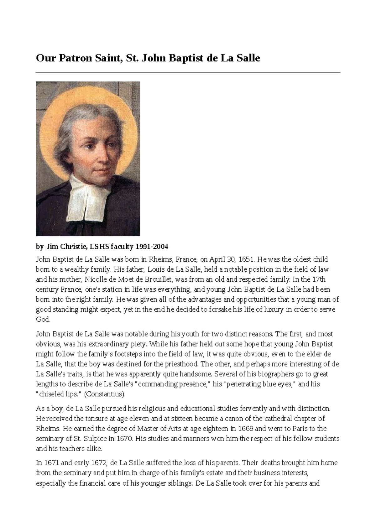 Dela - Lassalian - Our Patron Saint, St. John Baptist de La Salle by ...