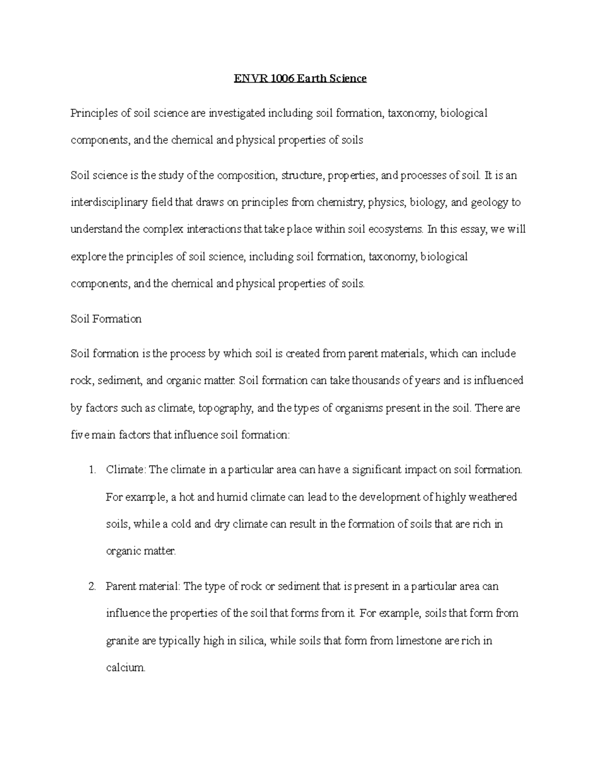 ENVR 1006 Earth Science - ENVR 1006 Earth Science Principles of soil ...