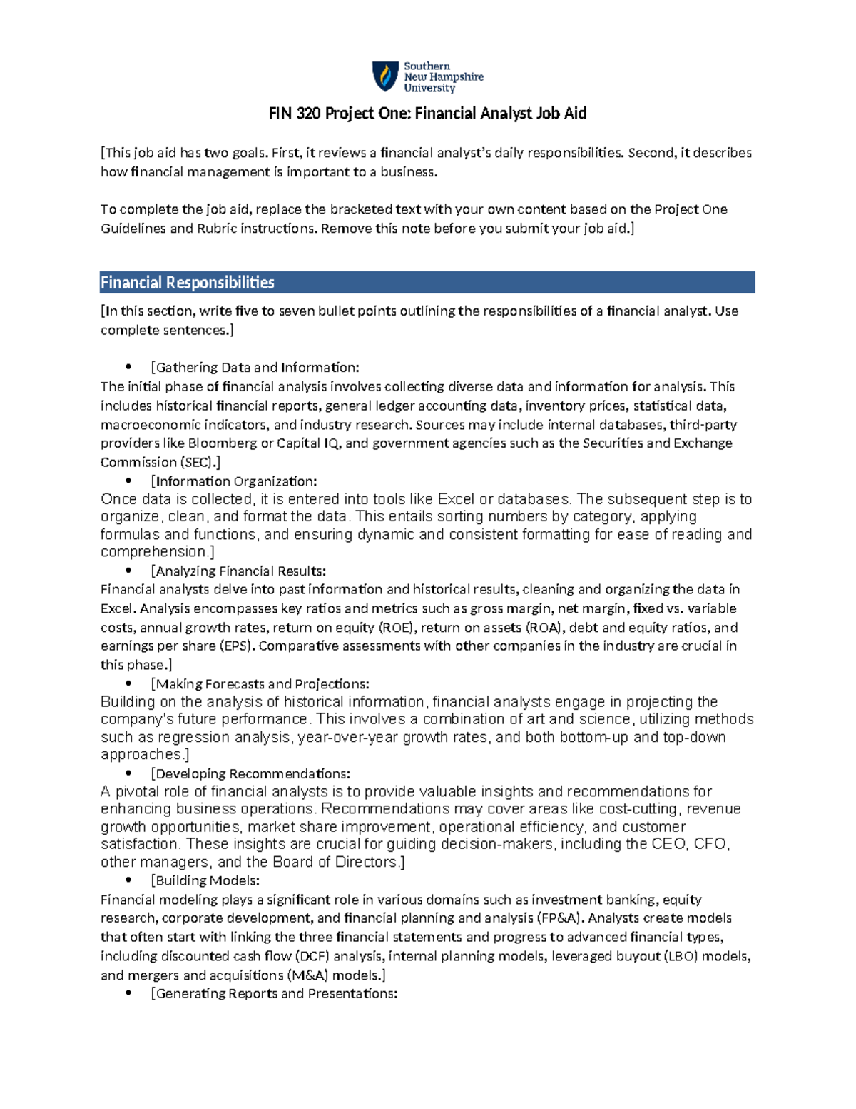 FIN 320 Project One Financial Analyst Job Aid - First, it reviews a ...