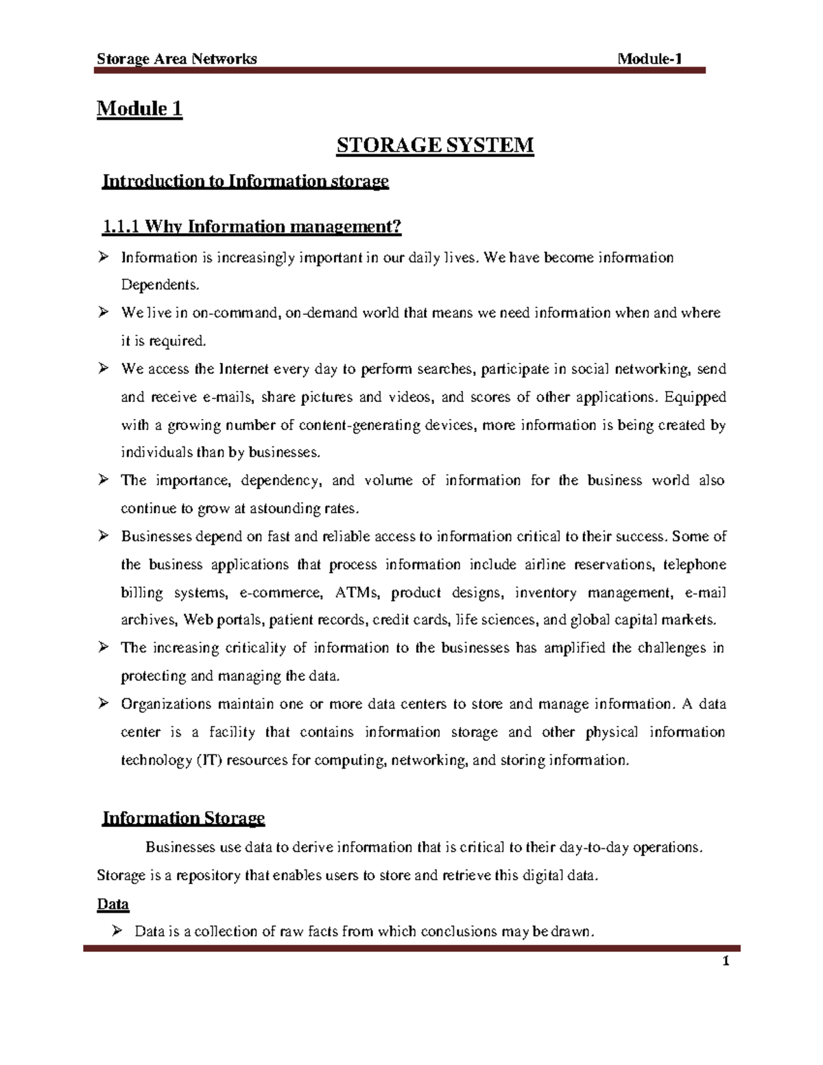 Module I - SAN - Module 1 STORAGE SYSTEM Introduction to Information ...