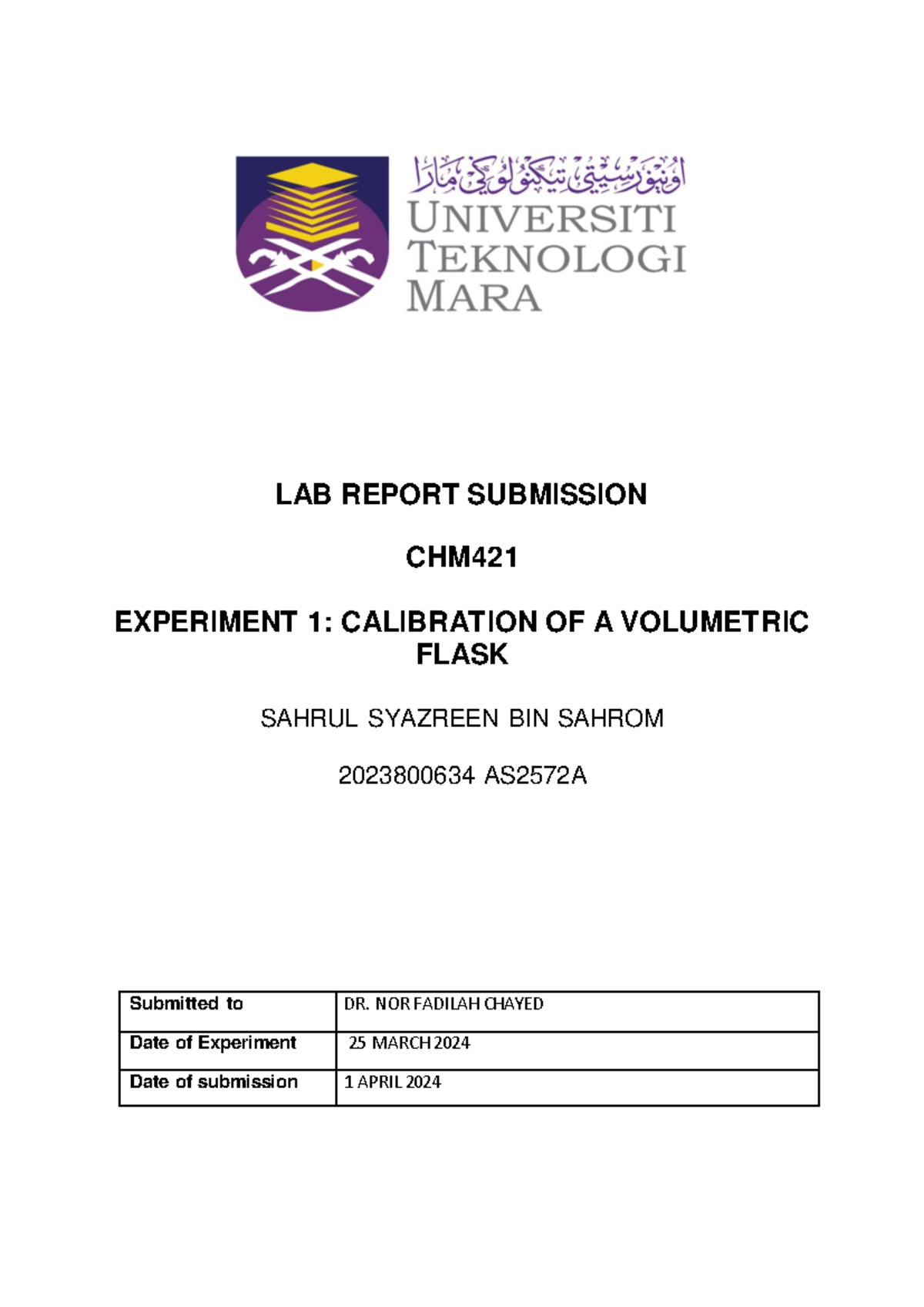 LAB Report EXP 1 Syazreen - LAB REPORT SUBMISSION CHM42 1 EXPERIMENT 1 ...