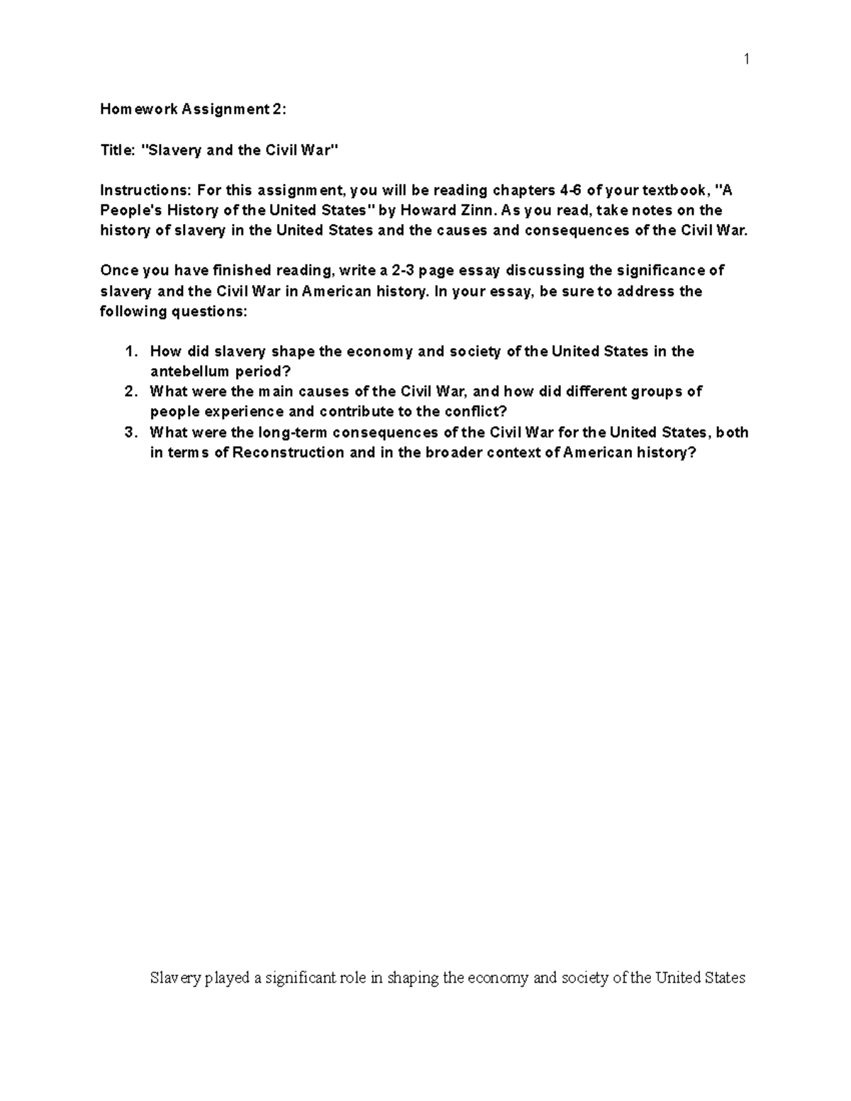 HIST017B HW2 - Title: "Slavery and the Civil War" Instructions: For ...
