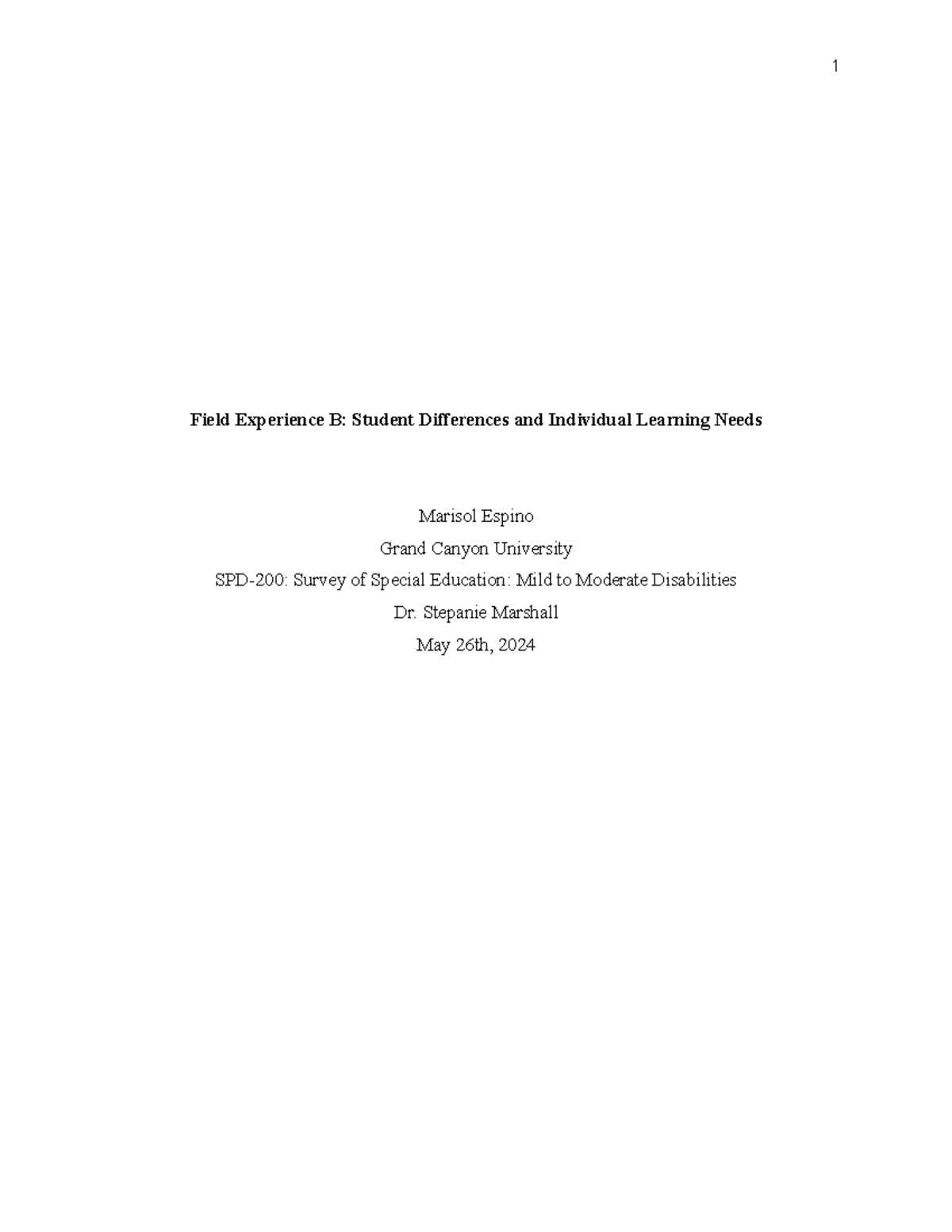 SPD-200 Field Experience B Student Differences and Individual Learning ...