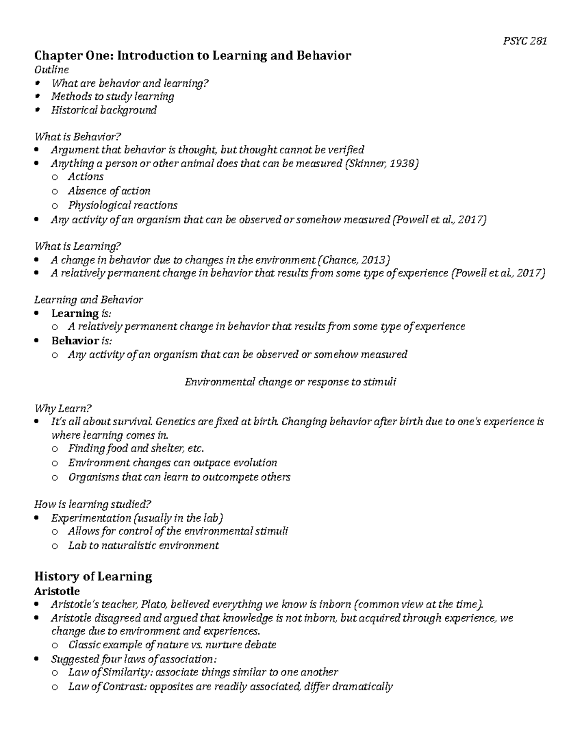 PSYC 281 CHAP 1 - Chapter One: Introduction to Learning and Behavior ...