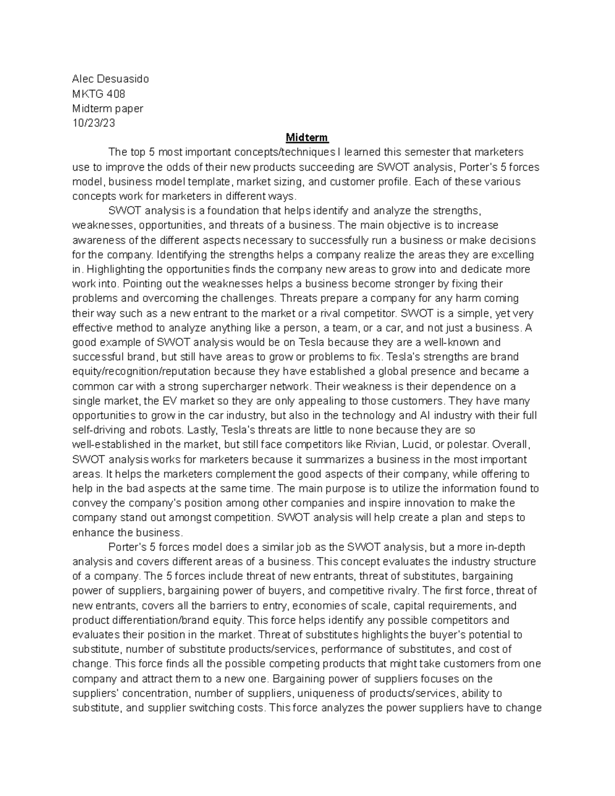 Midterm - essay on ai - Alec Desuasido MKTG 408 Midterm paper 10/23 ...