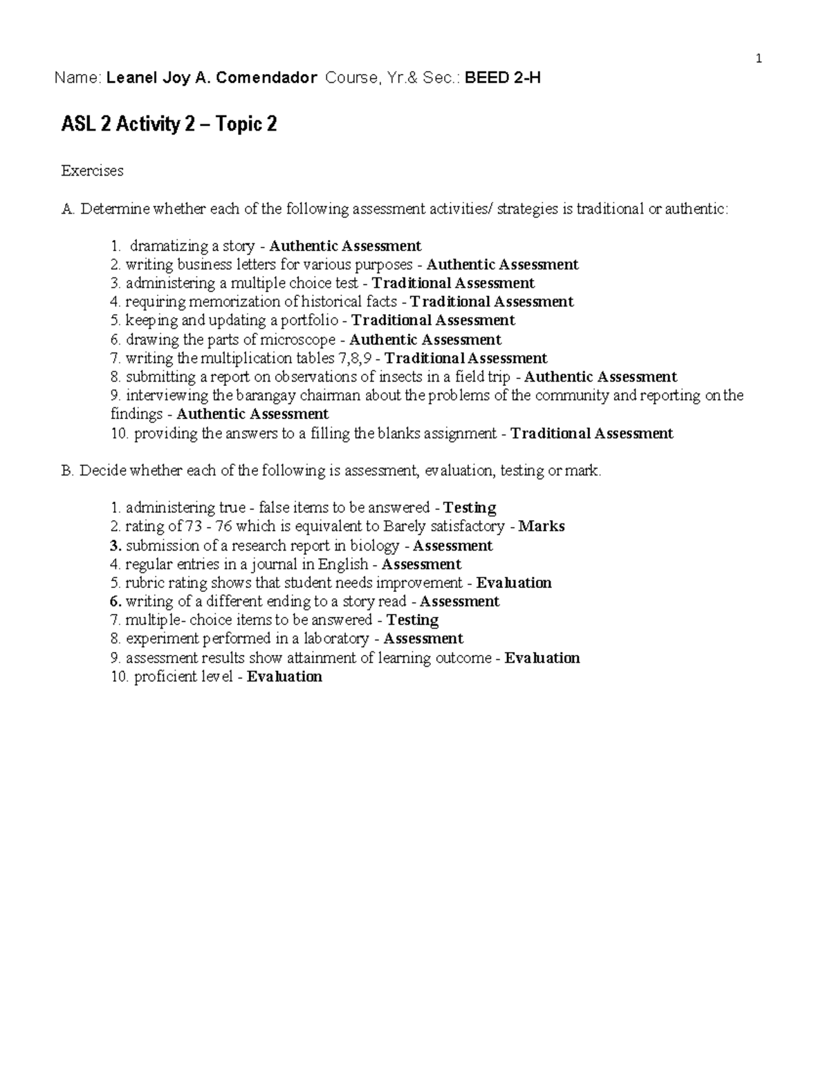 ASL2 Activity 2 Topic 2 Authentic Assessment. Leanel Joy A. Comendador ...