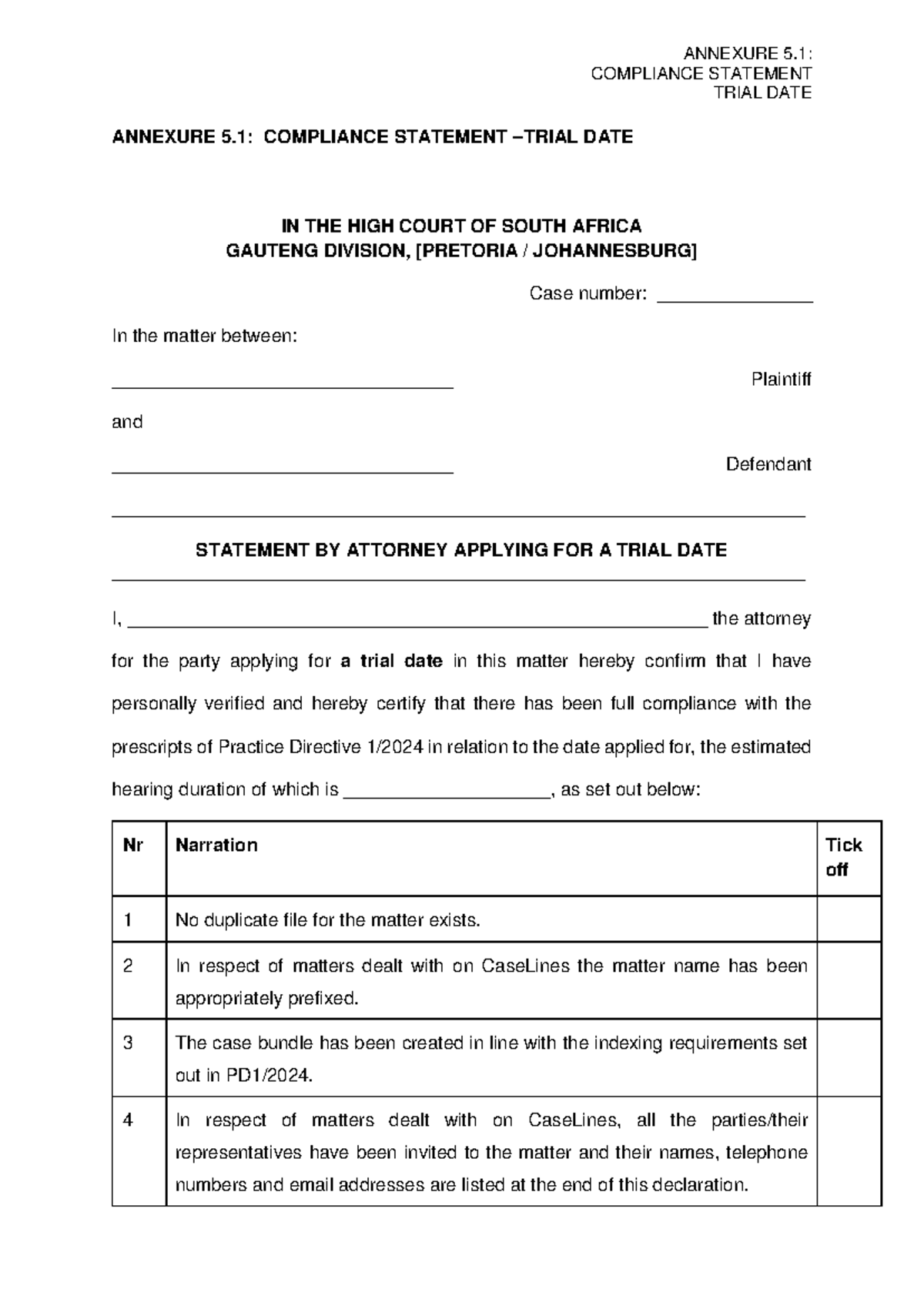 65b3825651174 Annexure 5.1 Compliance statement Trial DATE - ANNEXURE 5: COMPLIANCE STATEMENT ...