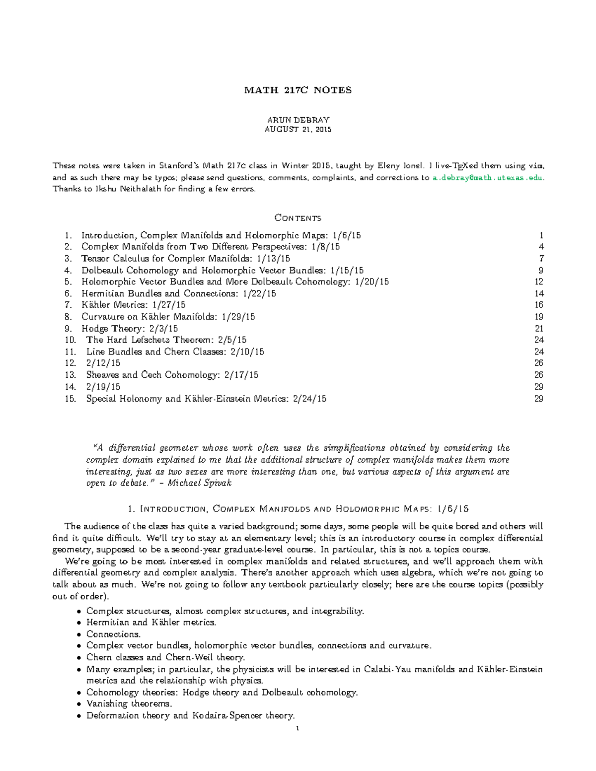 217c notes 1 - MATH 217C NOTES ARUN DEBRAY AUGUST 21, 2015 These notes ...
