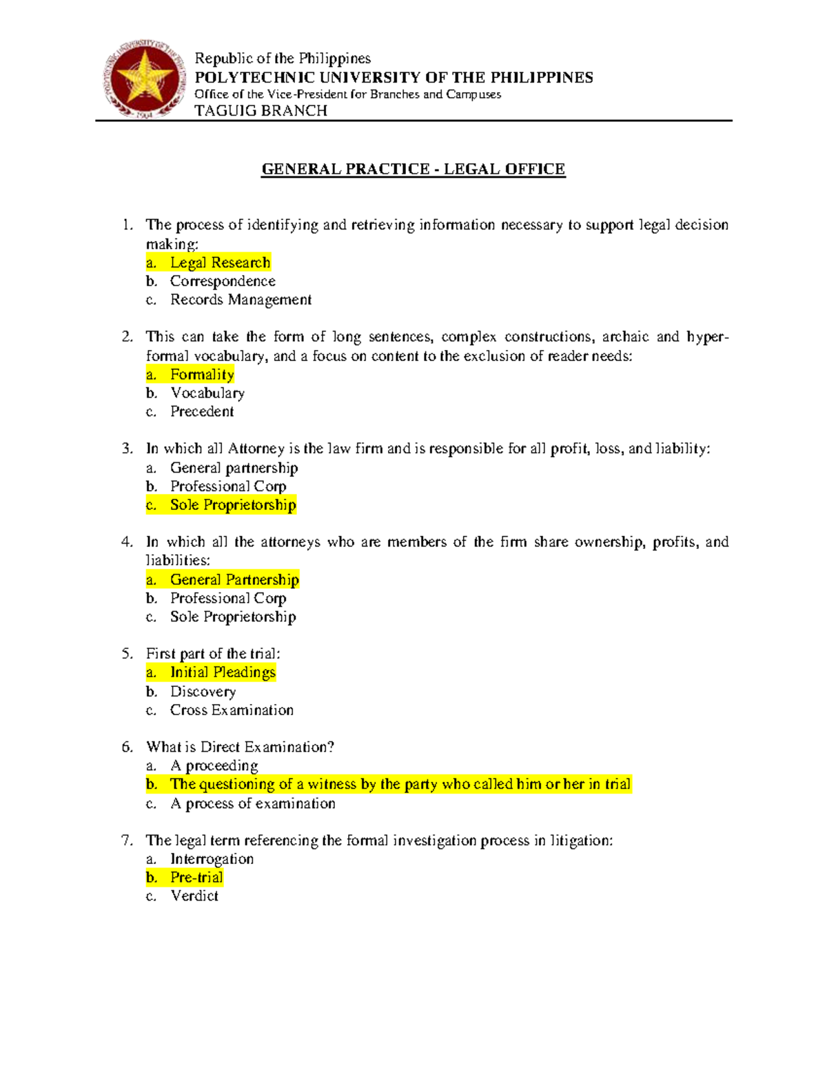 Exam in Legal Office Procedures - Republic of the Philippines ...