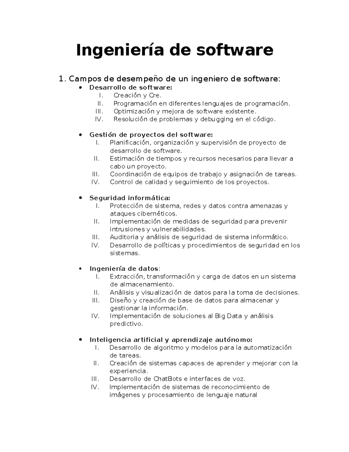 Mapa Mental ing de software - Ingeniería de software 1. Campos de desempeño de un ingeniero de ...