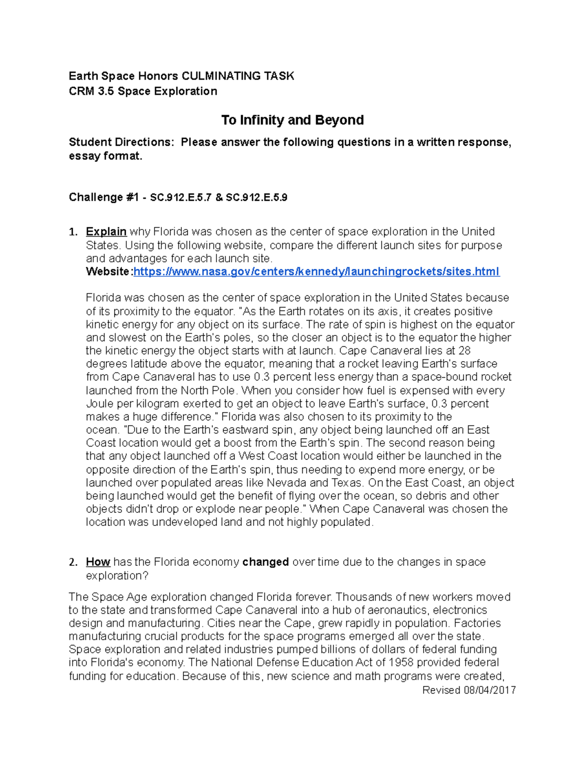 Copy of Space Exploration Culminating Task Student copy - Hoffman ...
