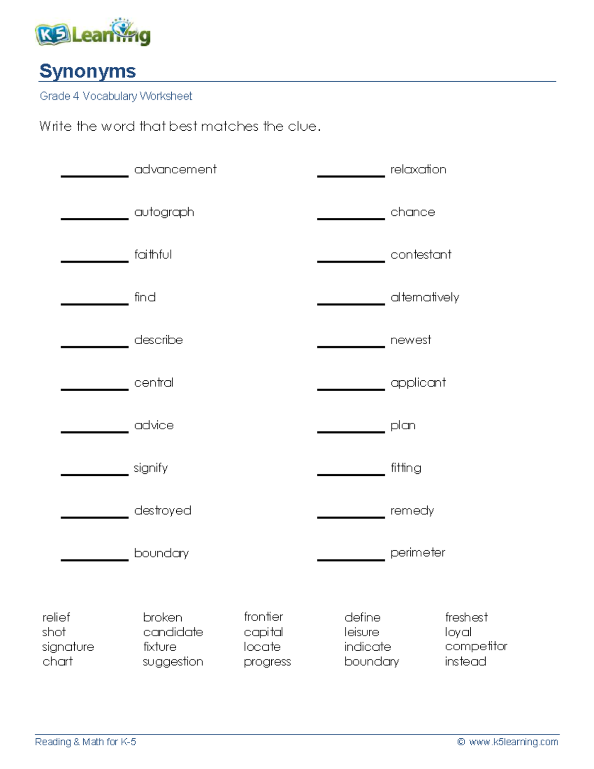 4th grade synonyms 1 - synomyns - Reading & Math for K-5 © k5learning ...