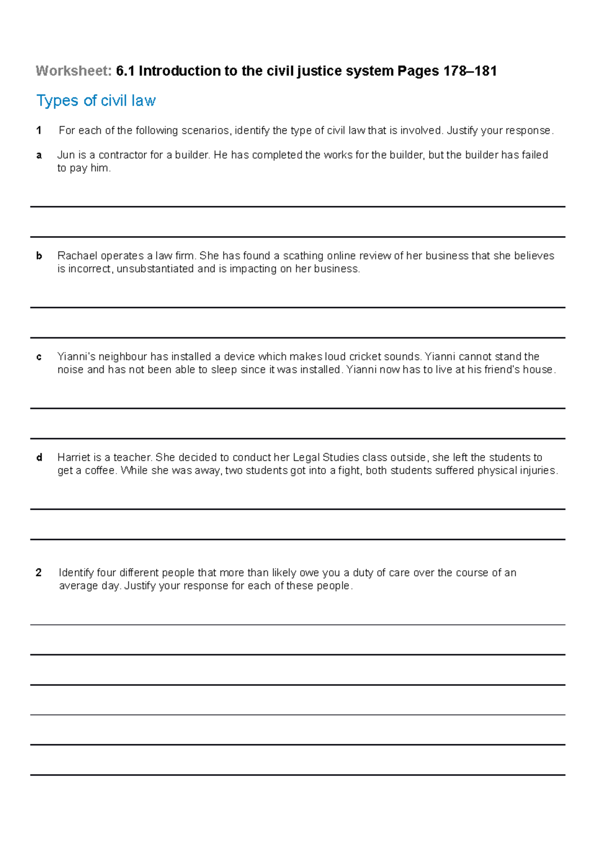 Legal Studies Unit 3 Chapter 6 Civil Law - Worksheet: 6 Introduction to ...