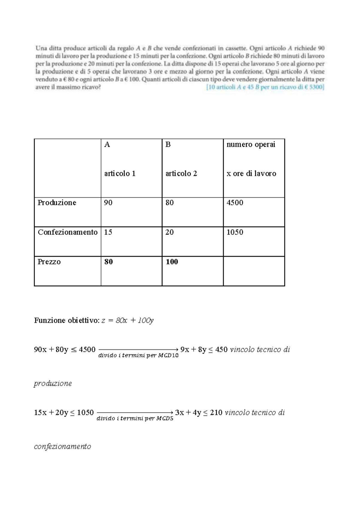 Esempio di Problema di ottimizzazione, per la programmazione lineare ...