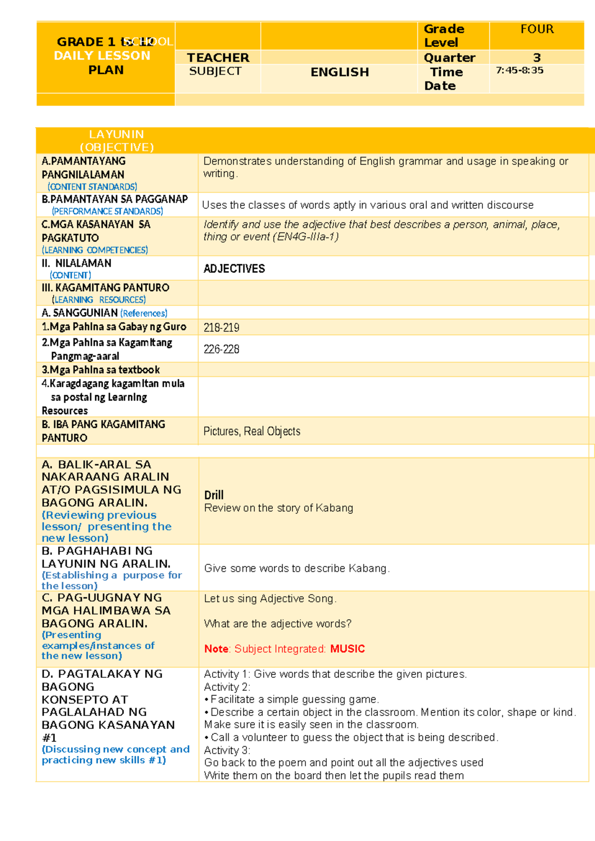 COT English 4 - GRADE 1 to 12 DAILY LESSON PLAN SCHOOL Grade Level FOUR ...