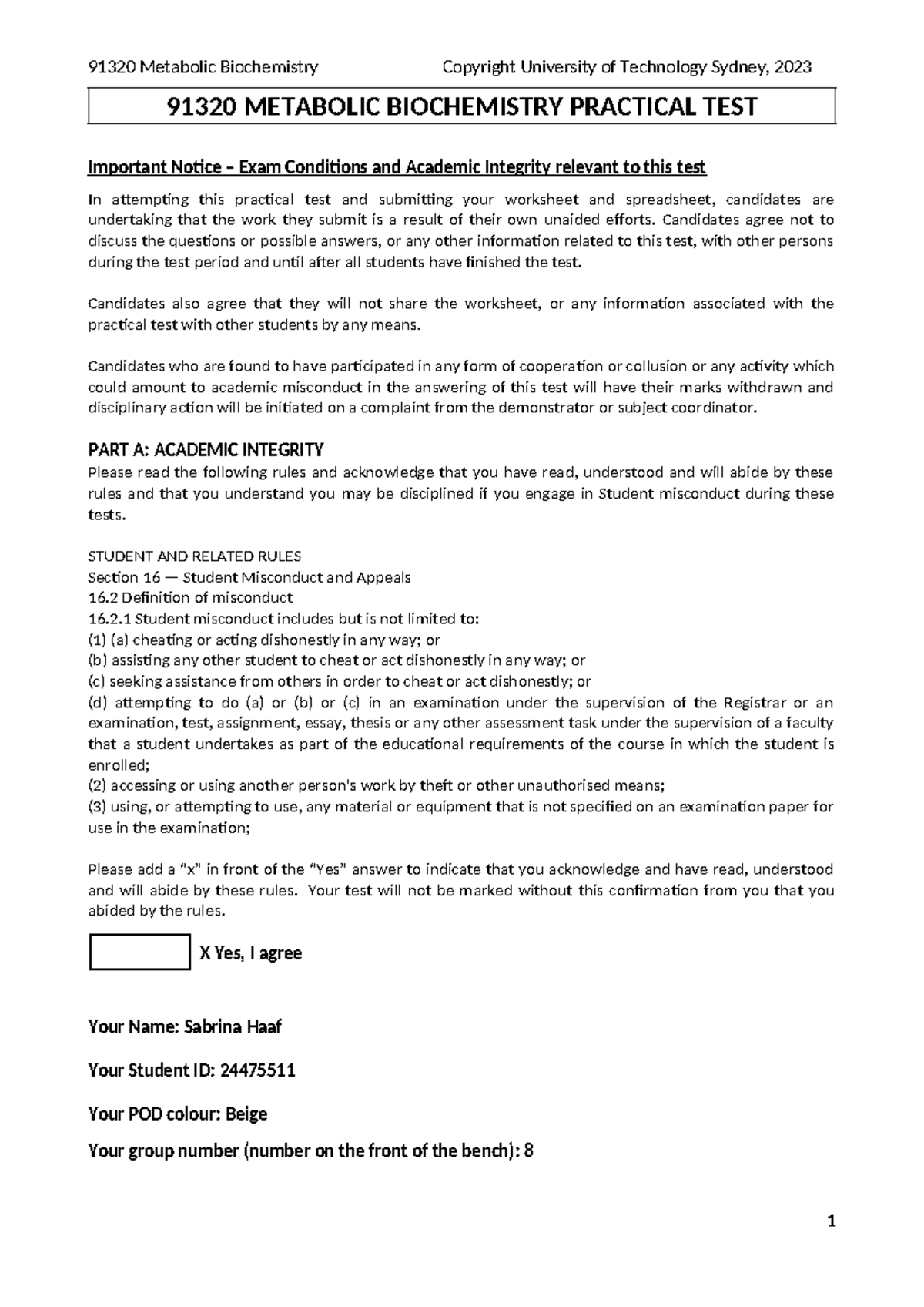 Prac Exam Worksheet - 24475511 - 91320 METABOLIC BIOCHEMISTRY PRACTICAL ...