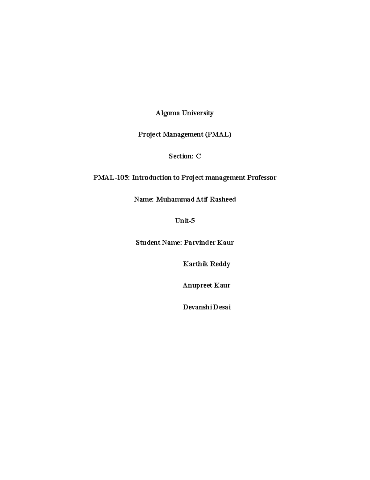 Charter 2 - Algoma University Project Management (PMAL) Section: C PMAL ...