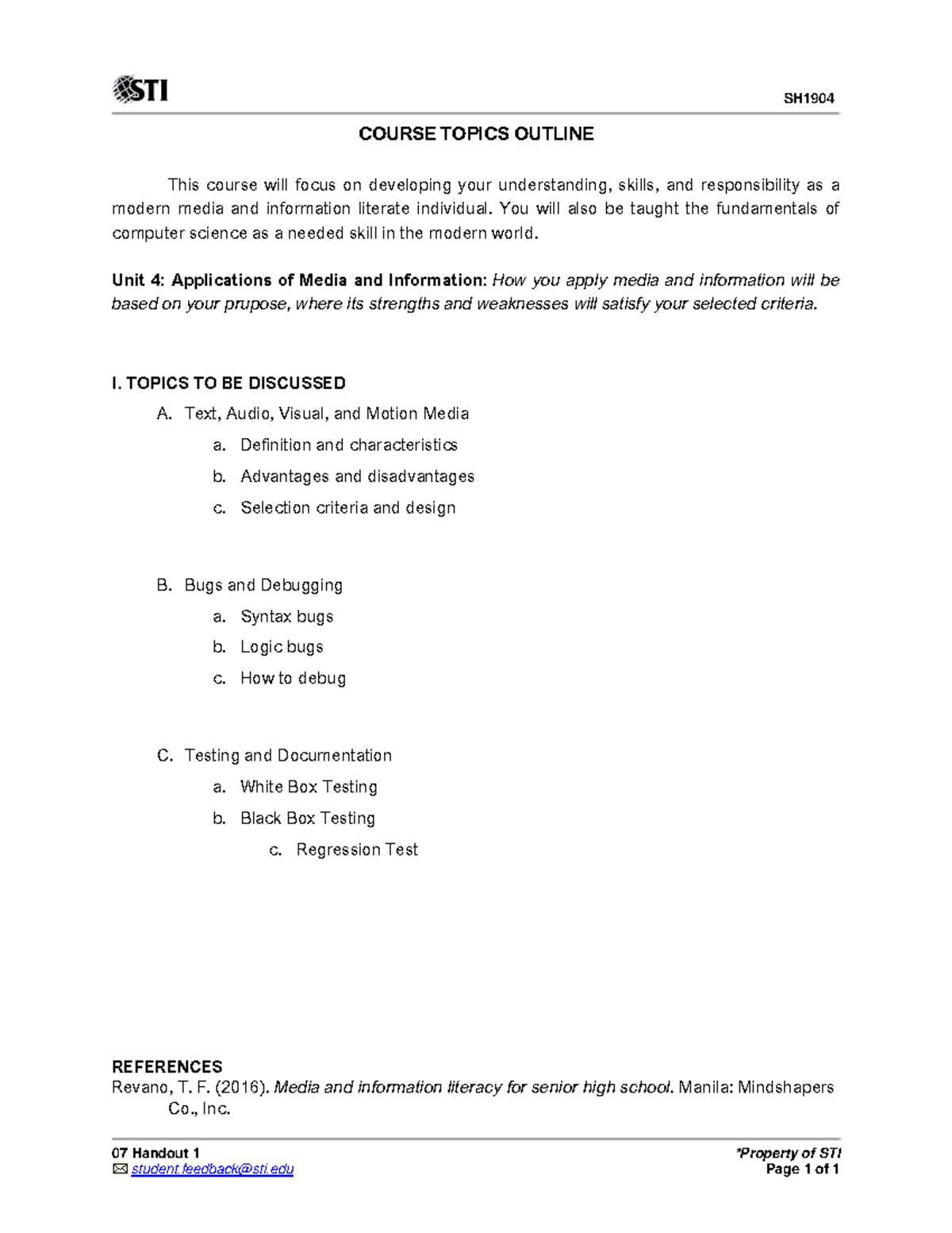 Course Topics Outline MIL - SH 07 Handout 1 *Property of STI student ...