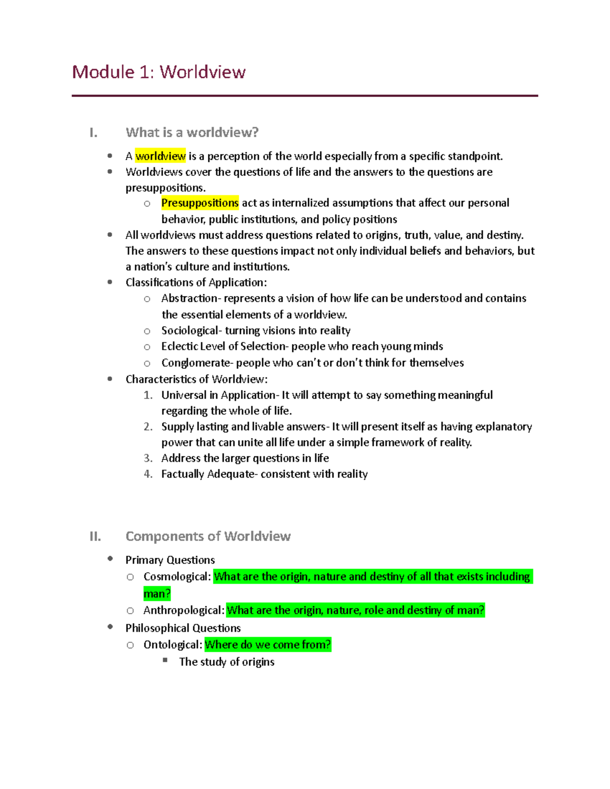 GOVT200 Mod 1 Sell Notes - Module 1: Worldview I. What is a worldview ...