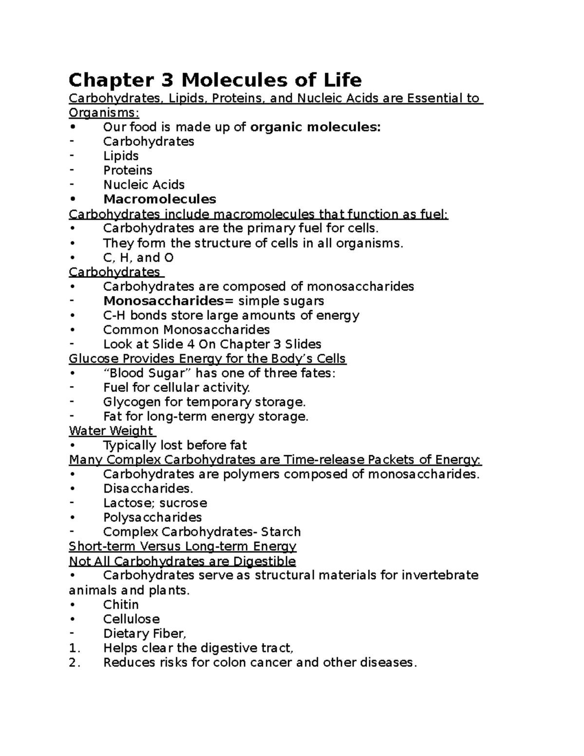 Chapter 3 Molecules of Life - Chapter 3 Molecules of Life Carbohydrates ...