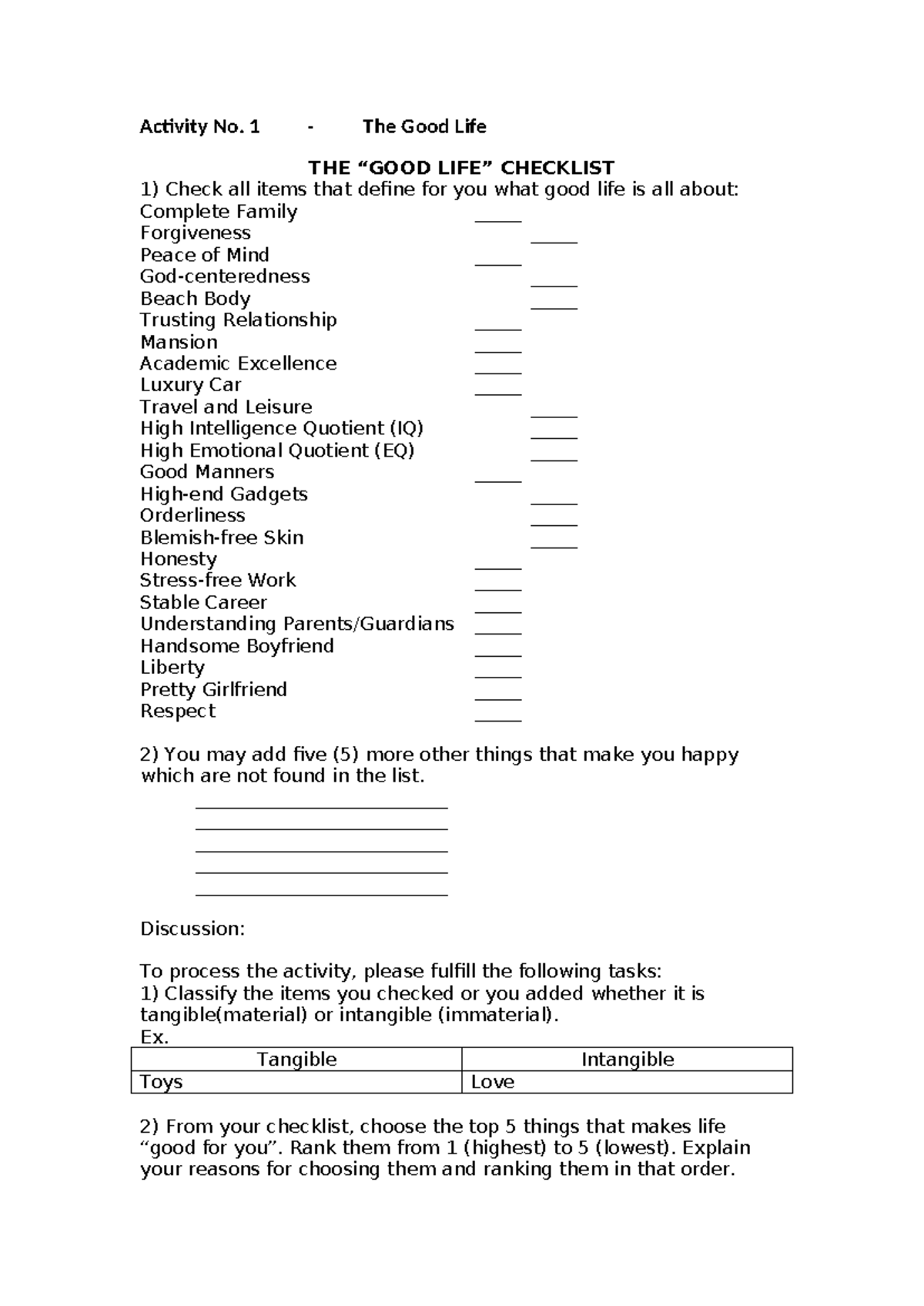Activity No 1 - The Good life - Activity No. 1 - The Good Life THE ...