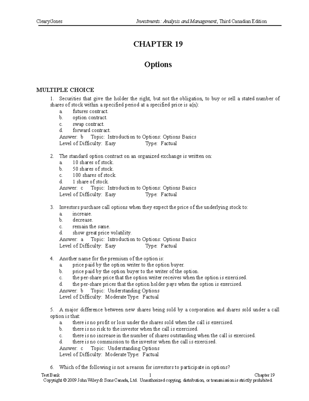 Tb19 - Cleary/Jones Investments: Analysis and Management, Third Canadian Edition CHAPTER 19 ...