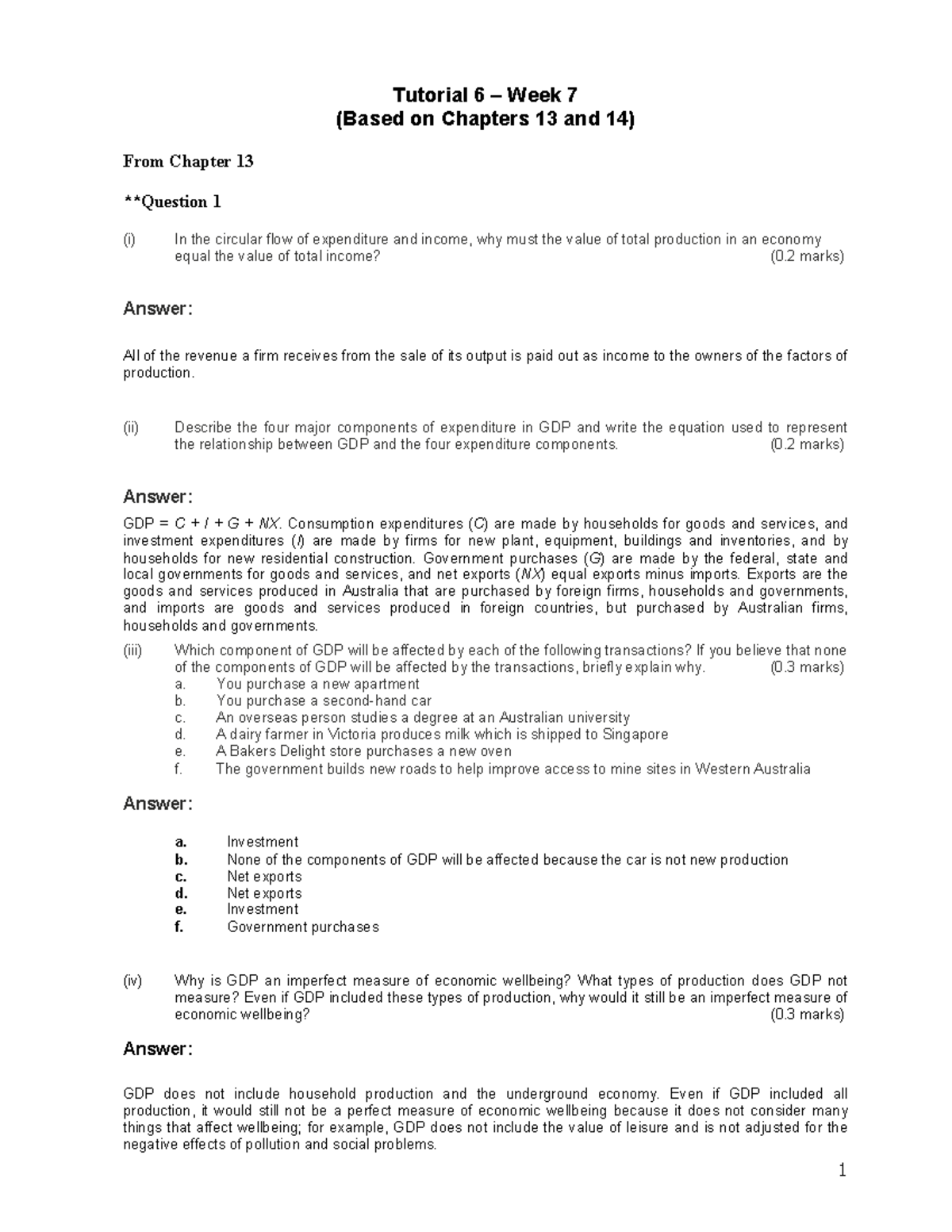 ECON100 Tute 6 - Tutorial 6 Week 7 Answers - Tutorial 6 – Week 7 (Based on Chapters 13 and 14 ...