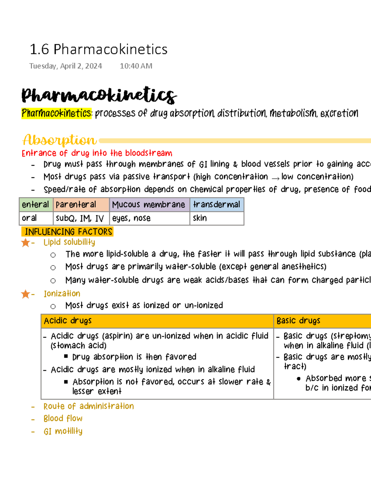 1.6 Pharmacokinetics - 1.6 notes - Pharmacokinetics Pharmacokinetics ...