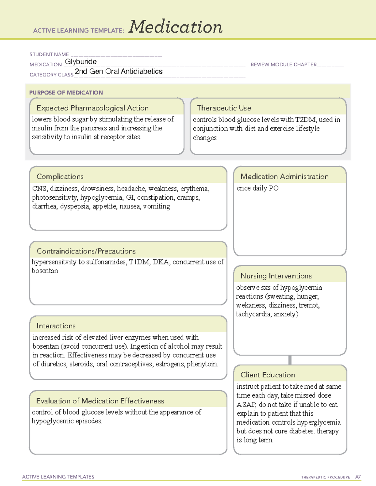 Medication Glyburide - ATI - ACTIVE LEARNING TEMPLATES THERAPEUTIC ...