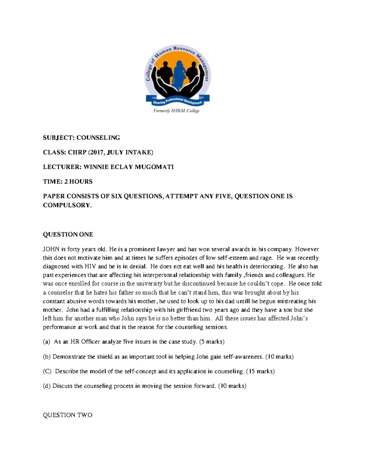 Counseling CHRP - Bachelors of business management - Studocu