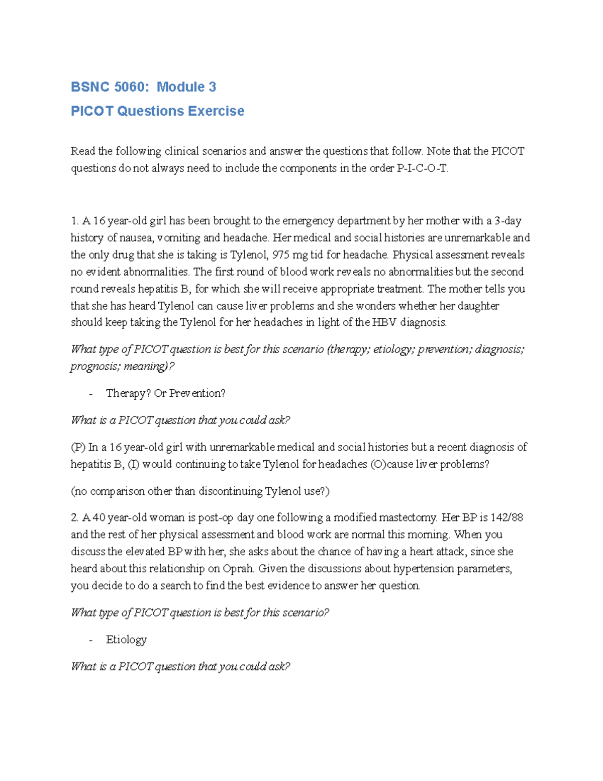 Picot Questions Exercise - BSNC 5060: Module 3 PICOT Questions Exercise ...