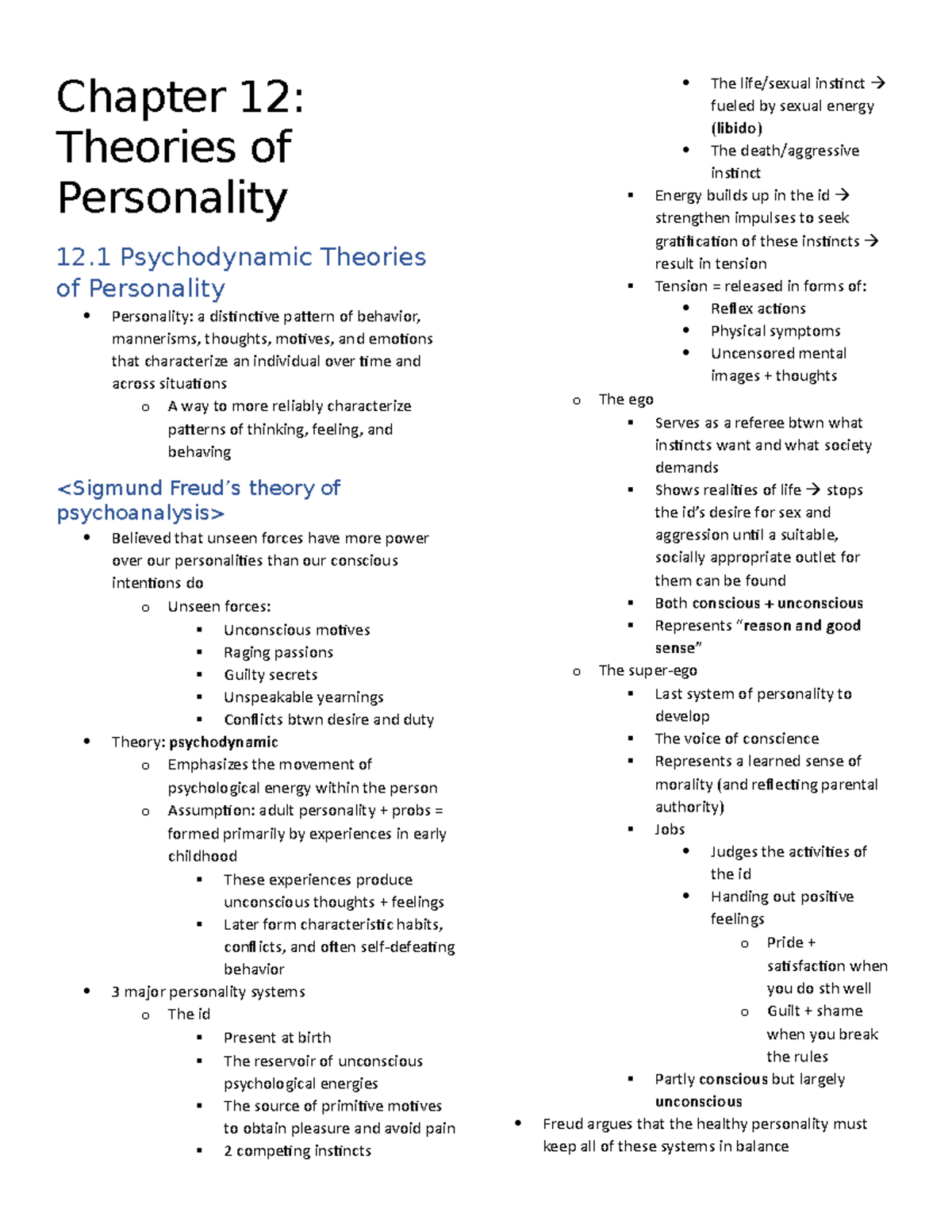 C12 Theories of Personality Notes - Chapter 12: Theories of Personality ...