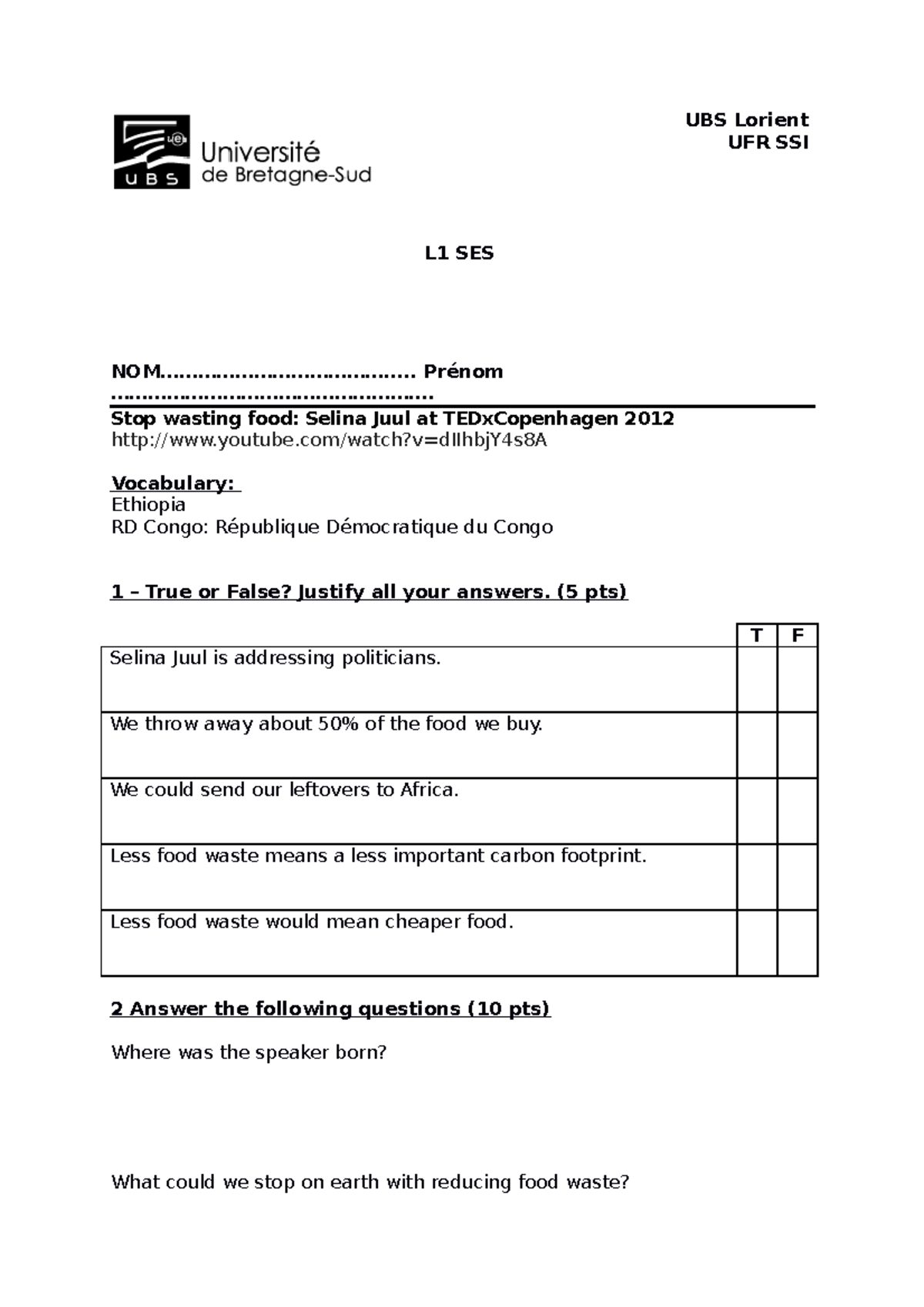 Food waste - anglais - UBS Lorient UFR SSI L1 SES NOM ...